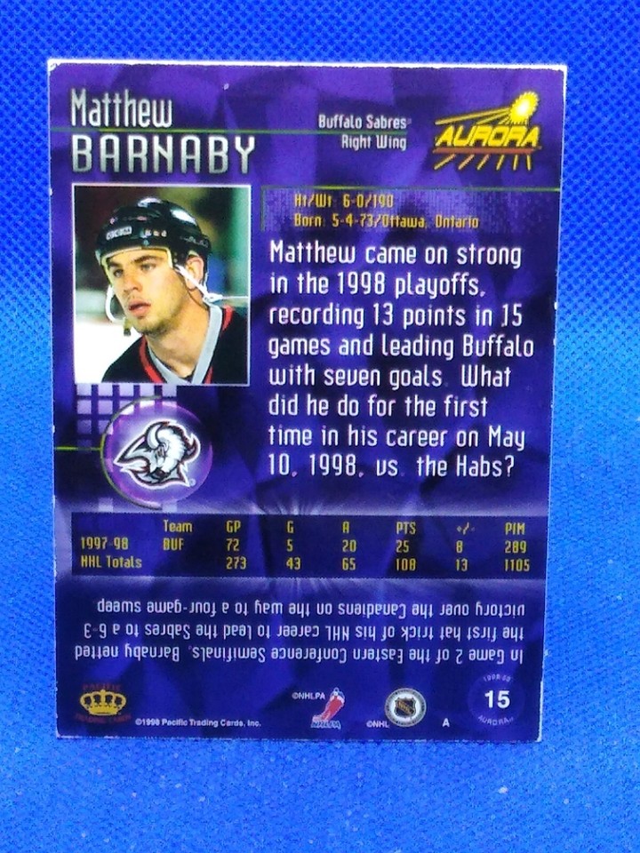 Matthew Barnaby 1998-99 Pacific Aurora #15 PERSONAL AUTOGRAPH Buffalo ...