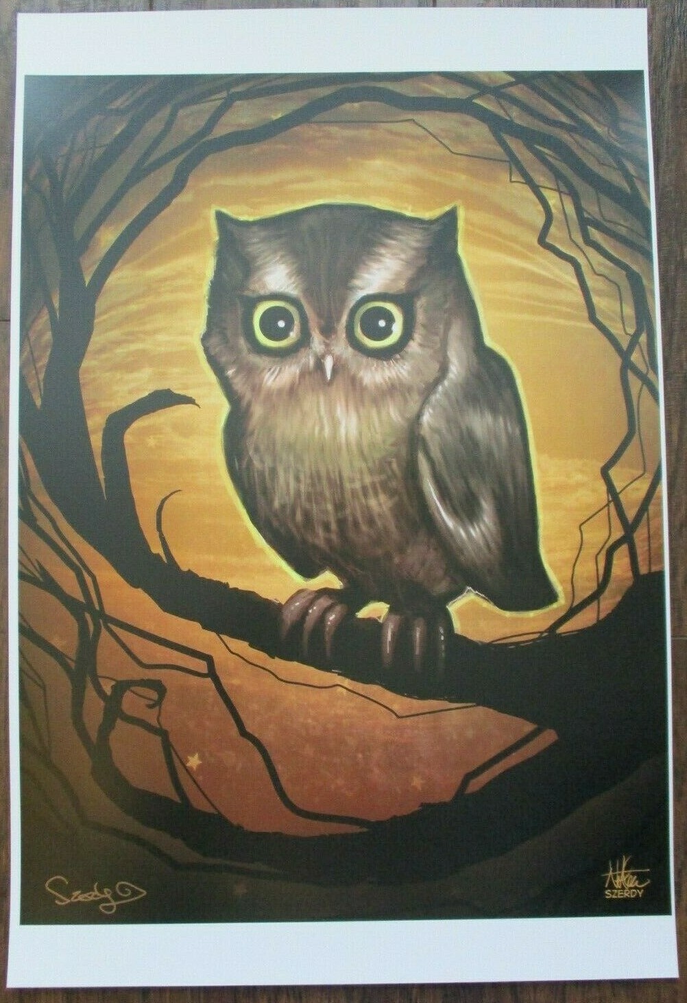 NATHAN SZERDY SIGNED 12X18 ART PRINT WISE OLD OWL IN TREE HALLOWEEN ...