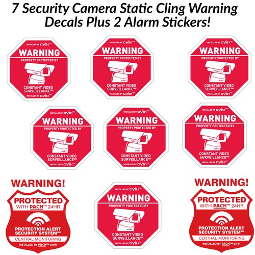 7 Security Camera CCTV STATIC CLING Decals & 2 Alarm System Sticker See ...