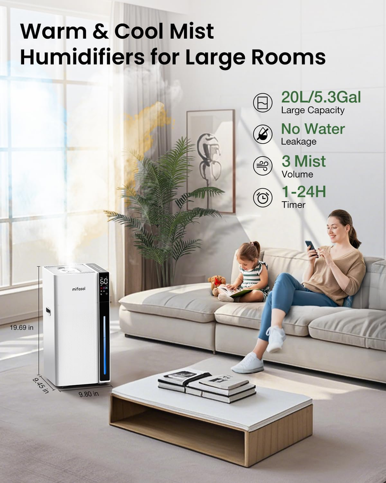 Humidifier Large Room, 5.3Gal/20L Warm and Cool Mist Humidifiers for ...