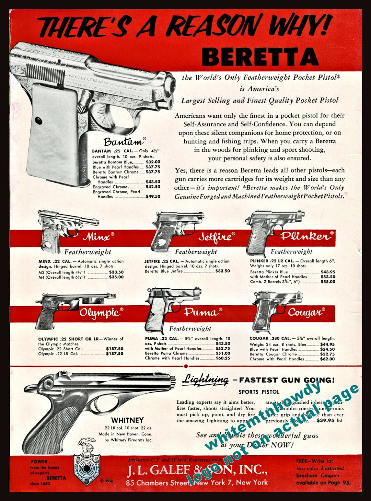 1957 BERETTA Bantam and WHITNEY Lightning Pistol PRINT AD w/ Minx ...