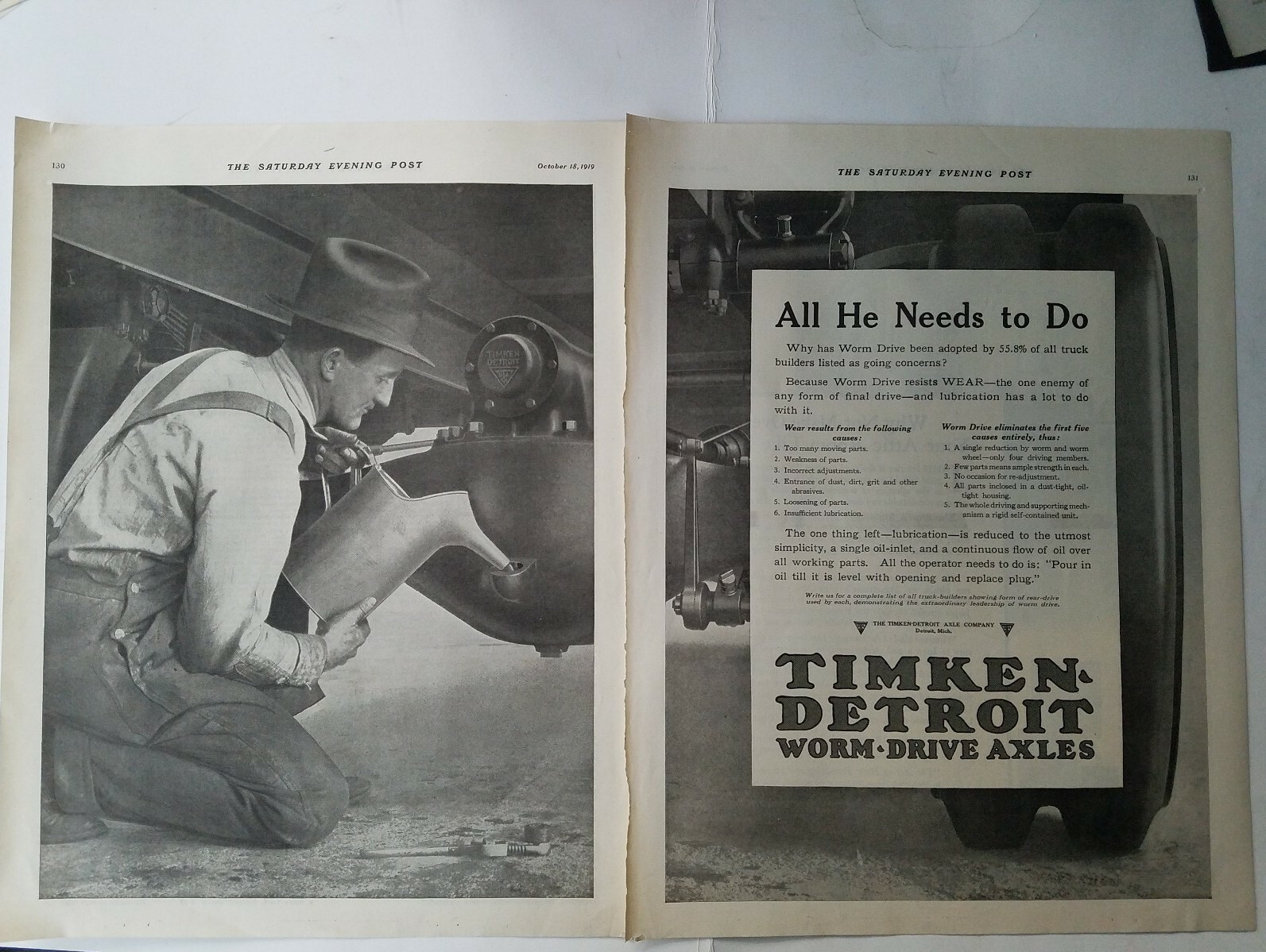 1919 Timken Detroit Worm Drive axles vintage oil can truck two-page ad ...
