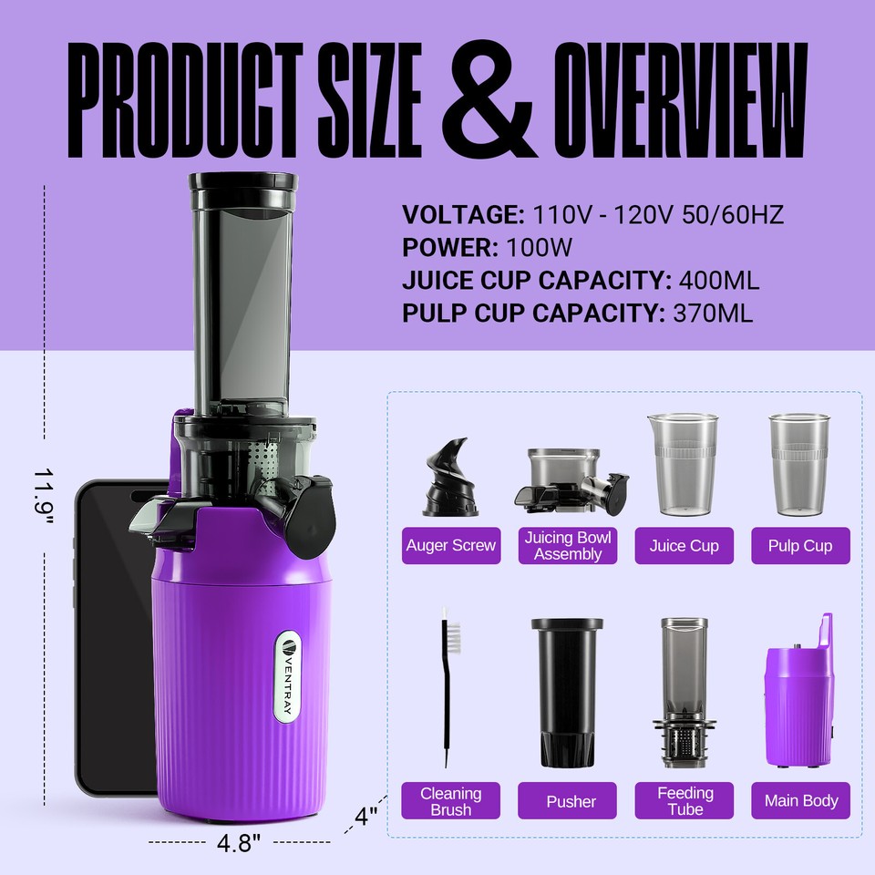 Ventray Essential Ginnie Cold Press Juicer Machines Slow Juicer 60RPM ...