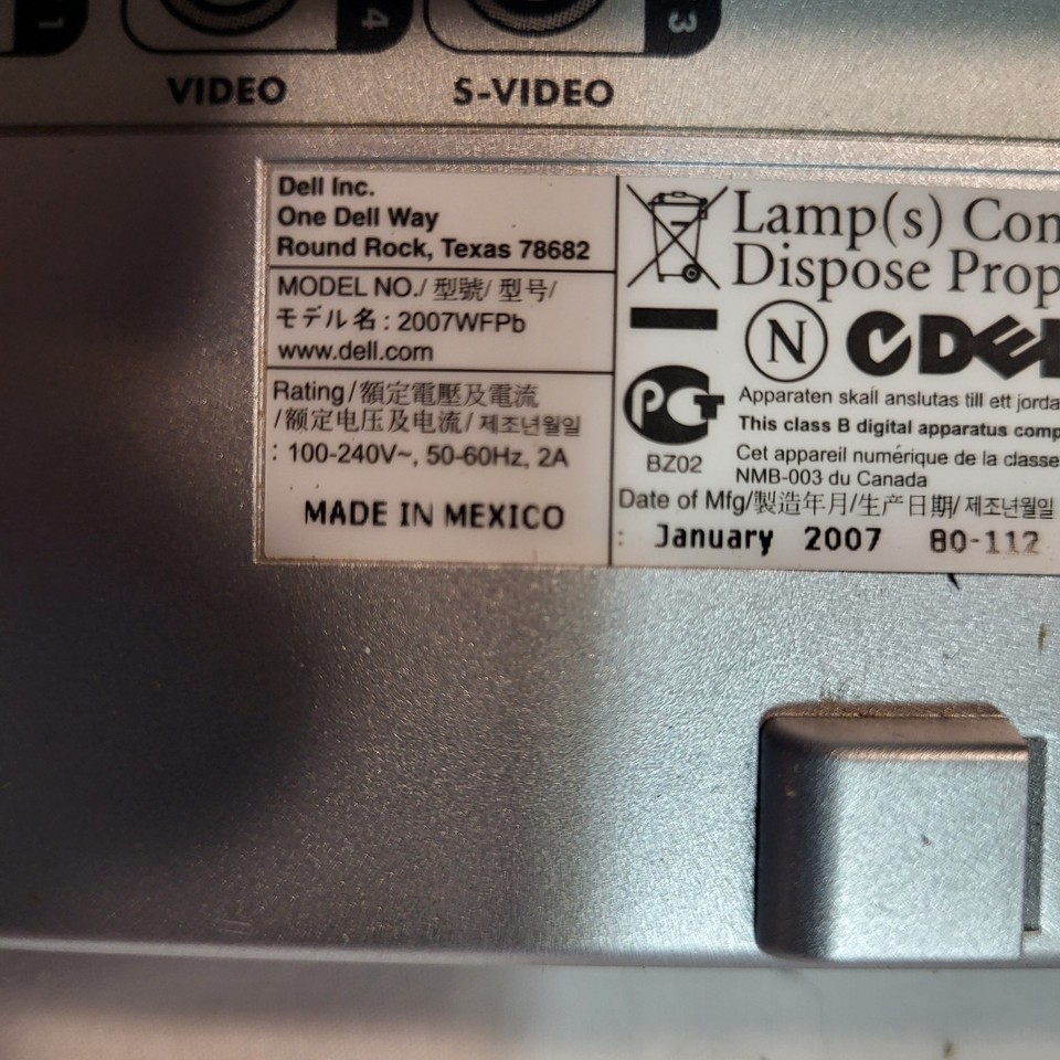Dell 2007WFPB 20" LCD Monitor With Adjustable Stand And Cords 1680 X ...