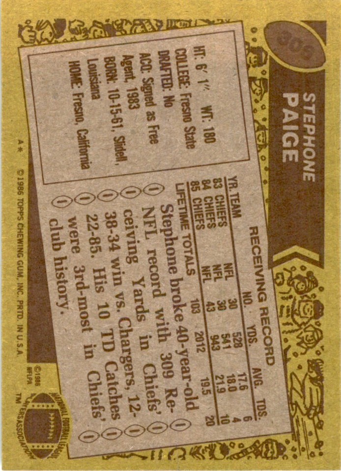 1986 TOPPS. STEPHONE PAIGE. KANSAS CITY CHIEFS #306 | eBay