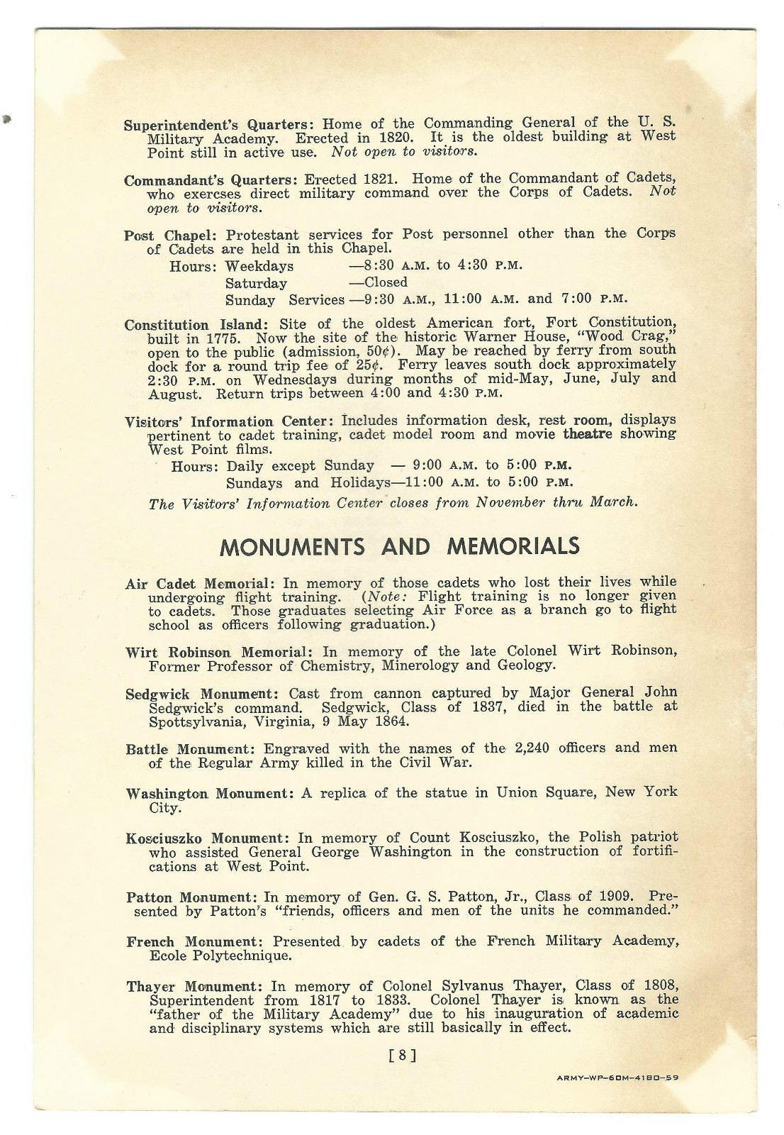 1959 WEST POINT Visitor's Information Guide Map Points Of Interest ...
