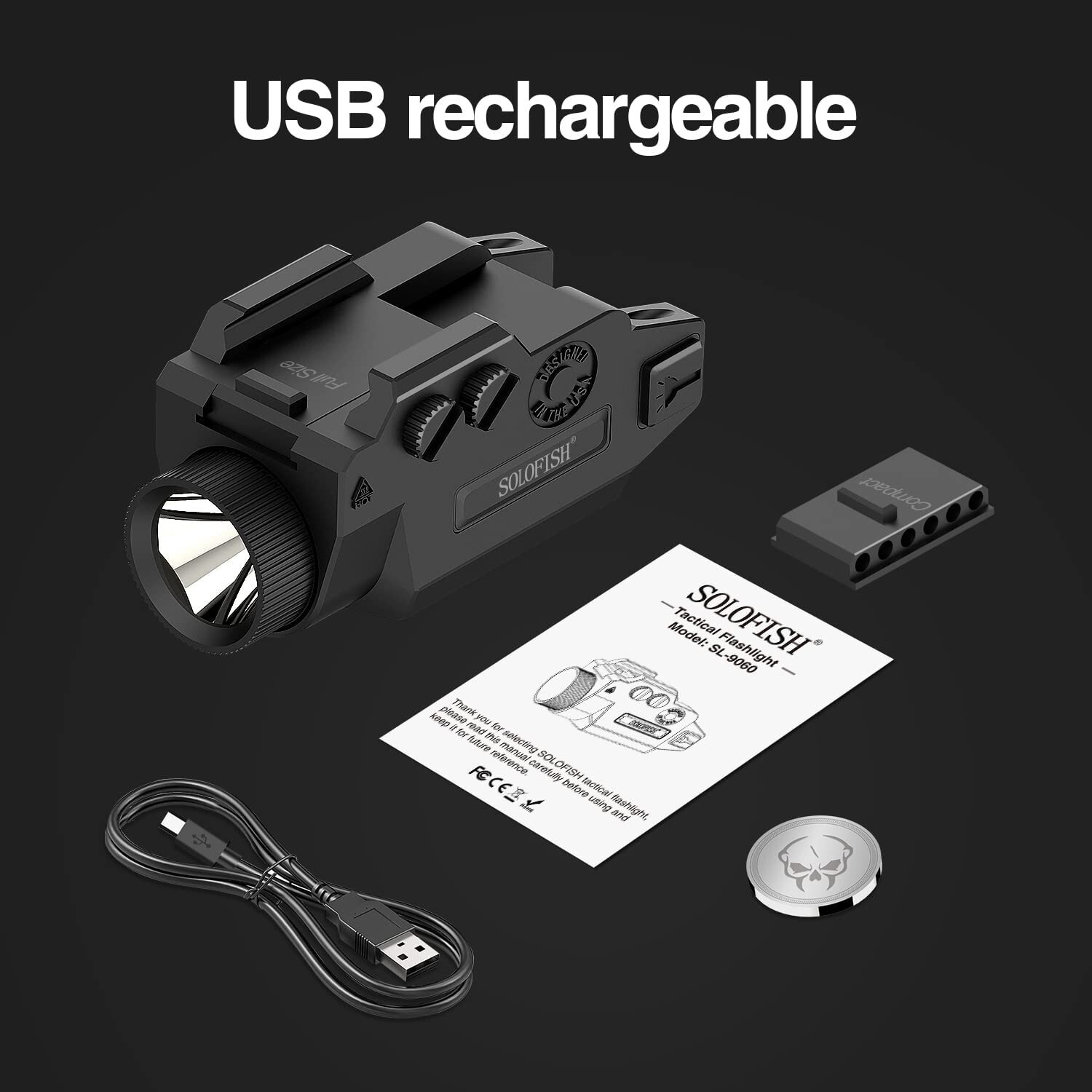 SOLOFISH 650 Lumen Rechargeable Tactical Flashlight for Pistol Handgun ...