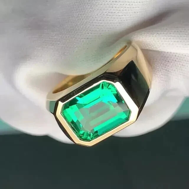 3CT Emerald Cut Lab Created Emerald Men Wedding Band Ring 14K Yellow ...