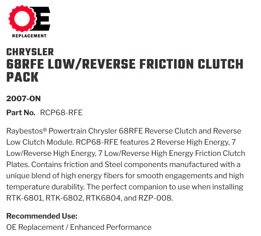 68RFE High Performance Clutch Kit: Reverse & Low Reverse Raybestos ...