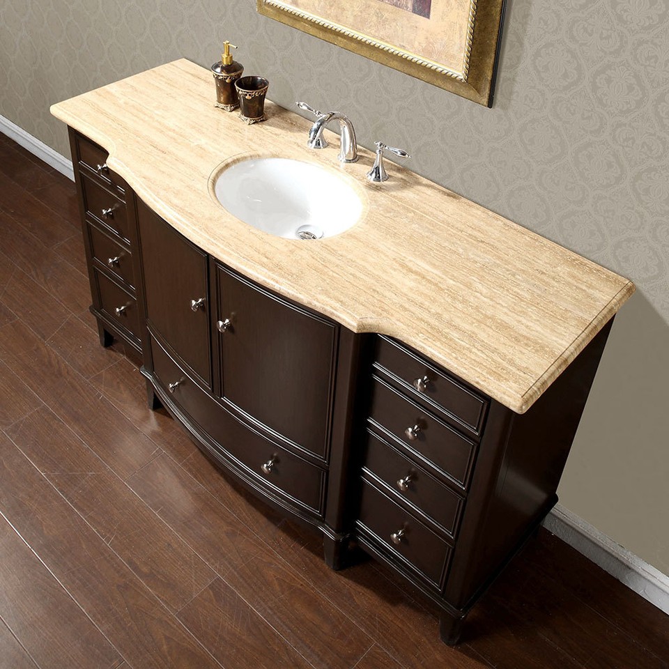 60-inch Travertine Stone Counter Top Bathroom Single Sink Vanity ...