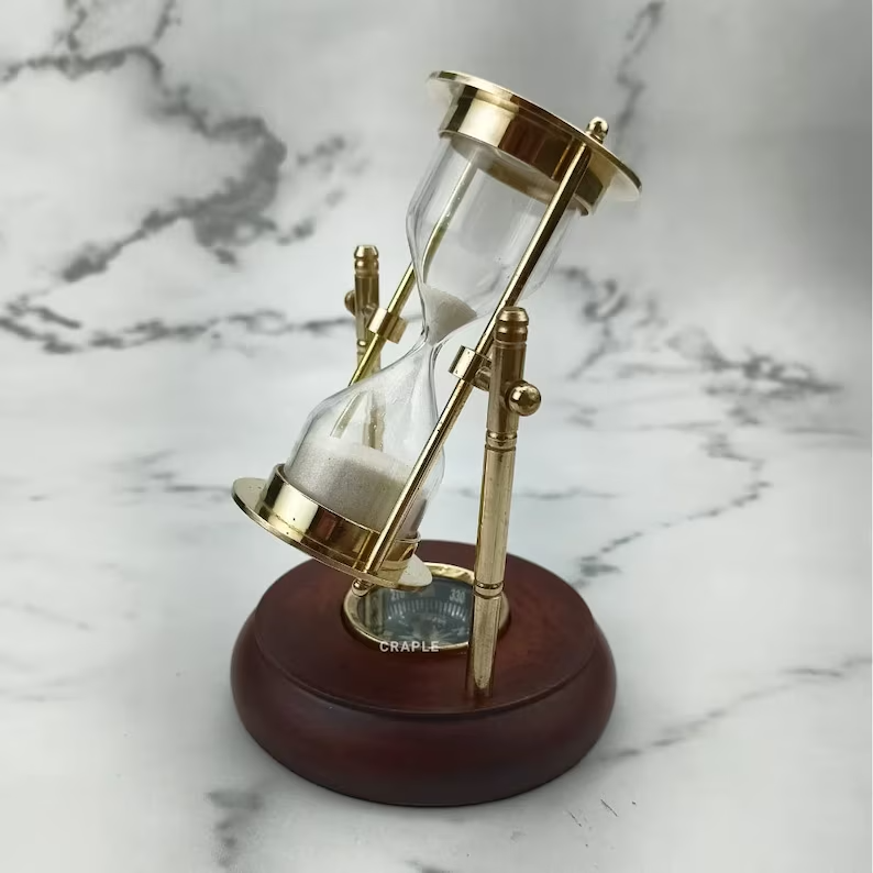 Nautical Rotating Brass Hourglass Wood Base Compass, Premium Gift | eBay