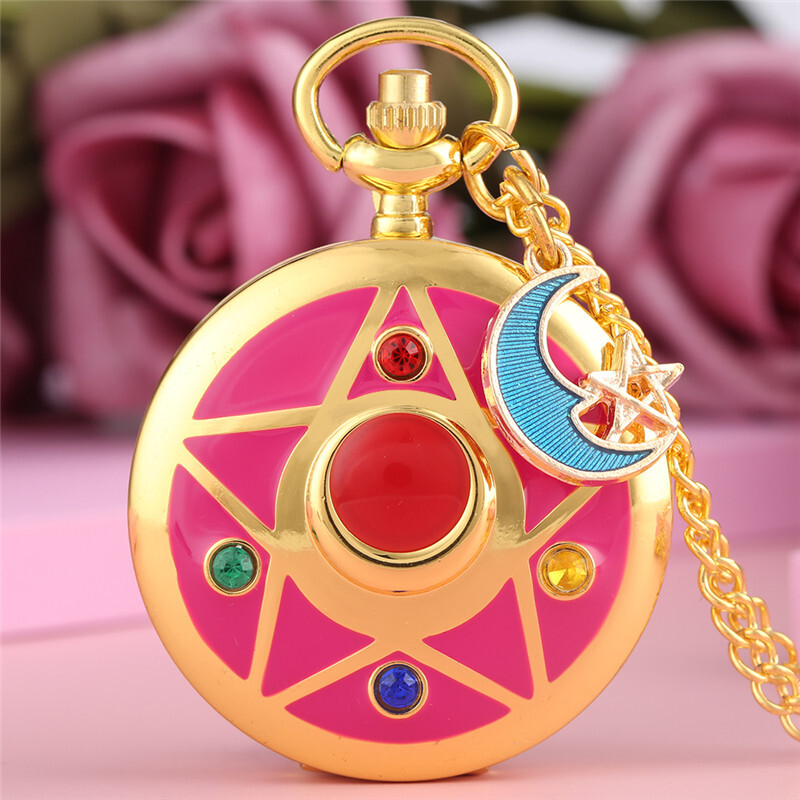 Pink Pocket Watch for Girls Cute Cartoon Design Quartz Fob Watch with ...