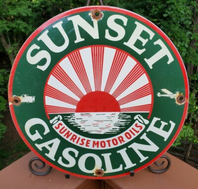 VINTAGE SUNSET GASOLINE PORCELAIN GAS STATION MOTOR OIL ADVERTISING ...