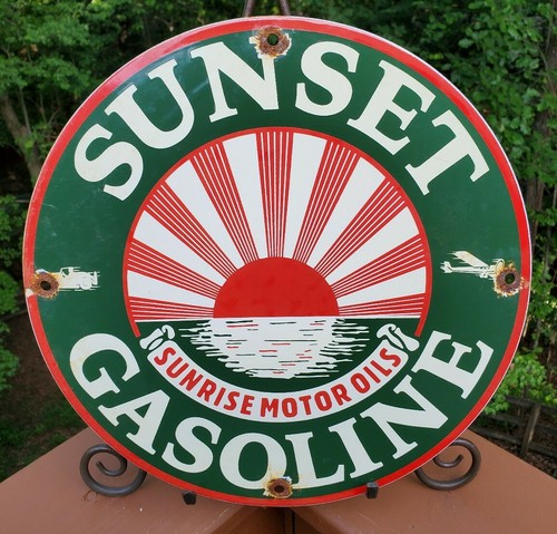 VINTAGE SUNSET GASOLINE PORCELAIN GAS STATION MOTOR OIL ADVERTISING ...