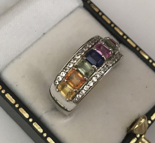 VINTAGE DJOY STERLING SILVER 925 BEAD MULTICOLOUR SAPPHIRE BAND RING ...