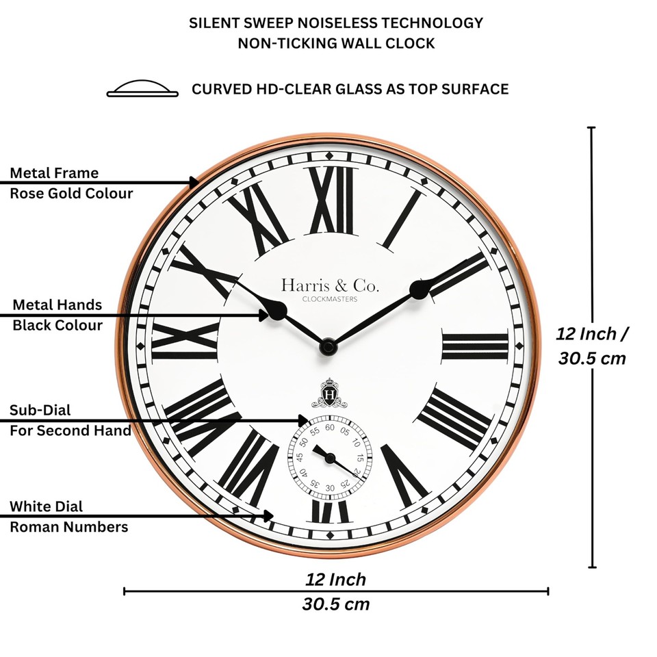 12 Inch Premium Metal Analog Wall Clock with Sub-Second Dial (Rosegold ...