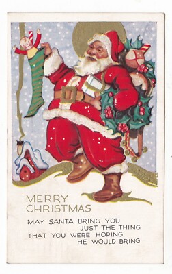 1936 OMAHA NEBRASKA MERRY CHRISTMAS SMILING SANTA TOY HOLLY EMBOSSED ...
