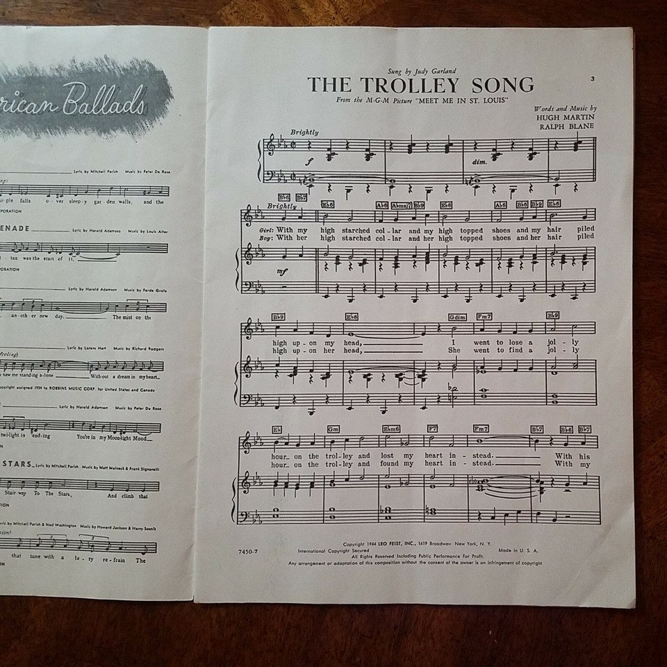 1944 Trolley Song Sheet Music Judy Garland MGM's Meet Me In St. Louis ...