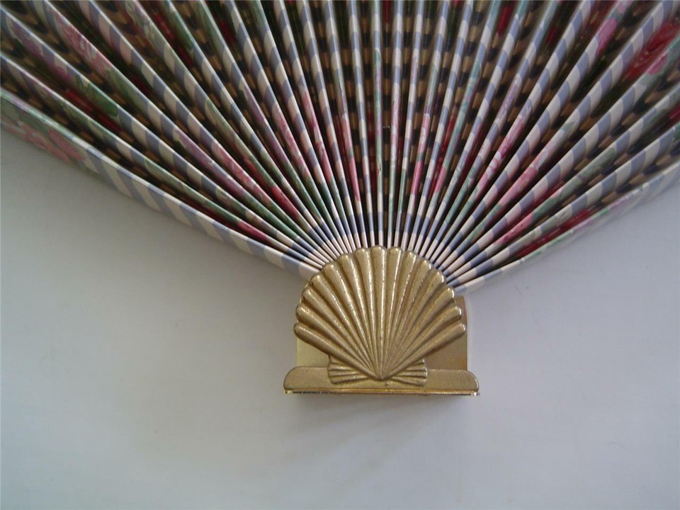 Large 21" PAPER FAN In Metal Shell Shape Stand~Pink/Mauve Rose Floral ...