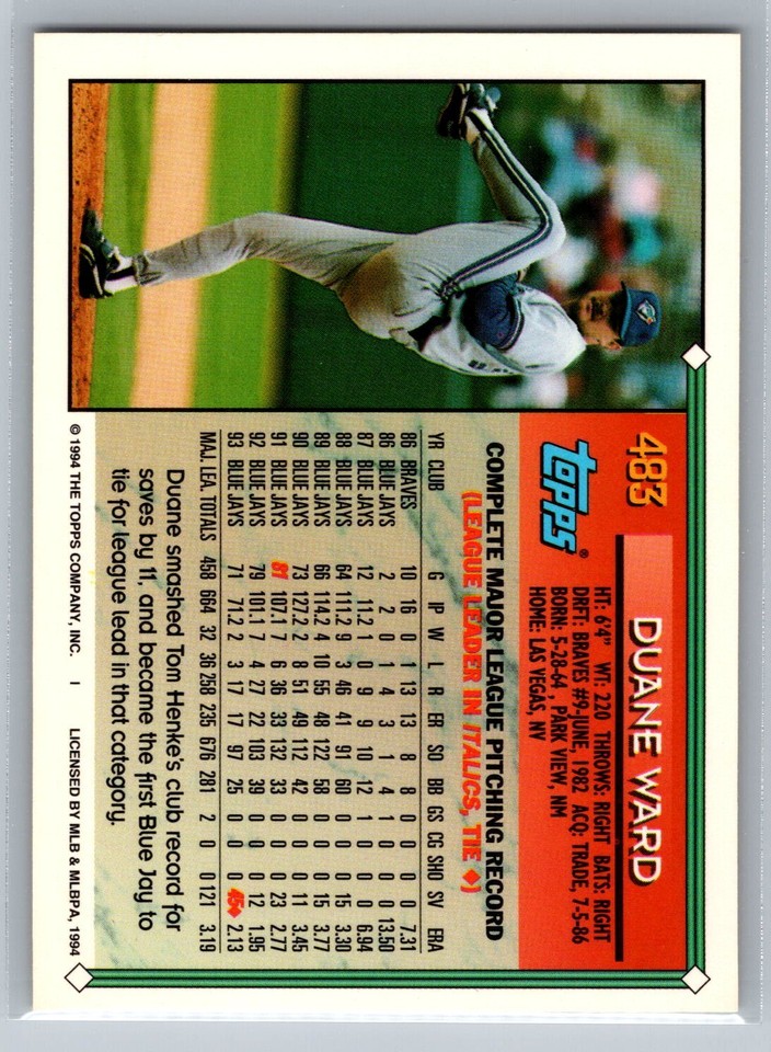 Duane Ward 1994 Topps Gold BASEBALL #483 Toronto Blue Jays | eBay