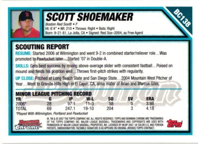 2007 BOWMAN CHROME BASEBALL SCOTT SHOEMAKER RC ROOKIE #BC138 | eBay