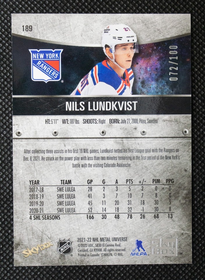 2021-22 NHL Metal Universe - Nils Lundkvist - Precious Metal Gems /100 ...