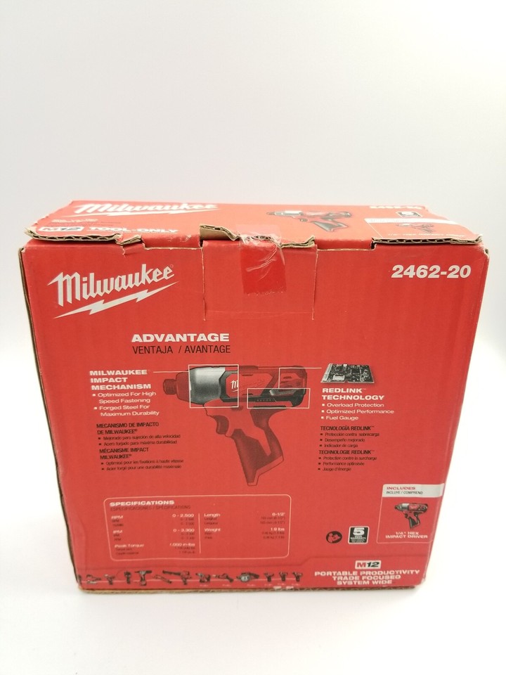 Milwaukee Hex Impact Driver 2462-20 M12 12V Li-Ion 1/4" Cordless 12 ...