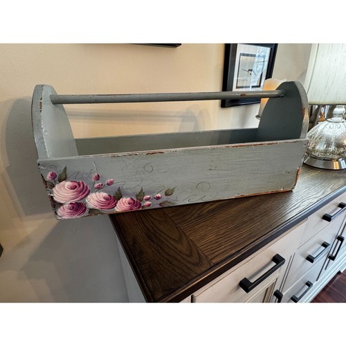 Must see! Hand painted Shabby Chic vintage wooden tool box; pink roses ...