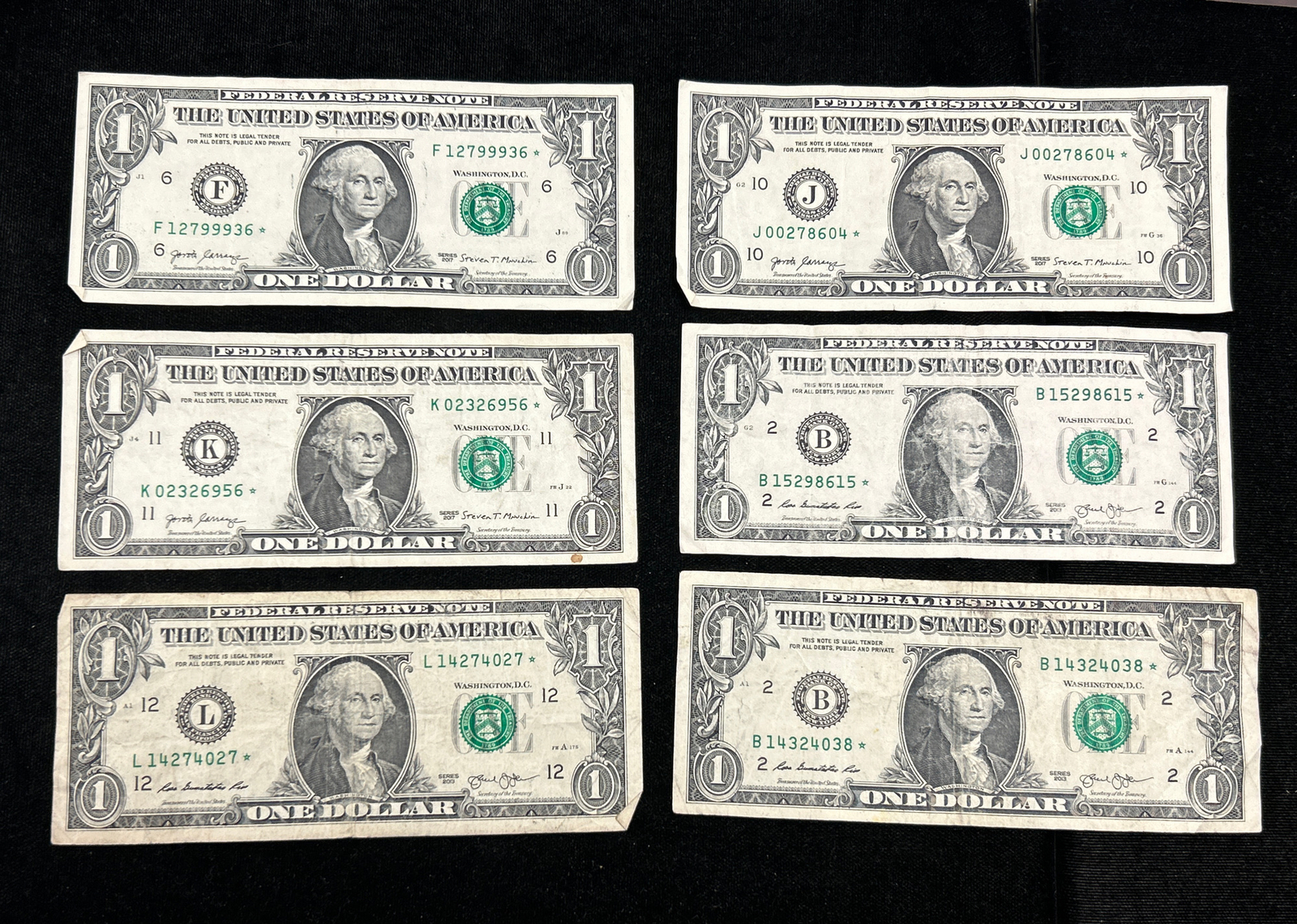 Six (6) U.S. $1 Star Notes 2013 & 2017 Federal Reserve Notes; FRN - See ...