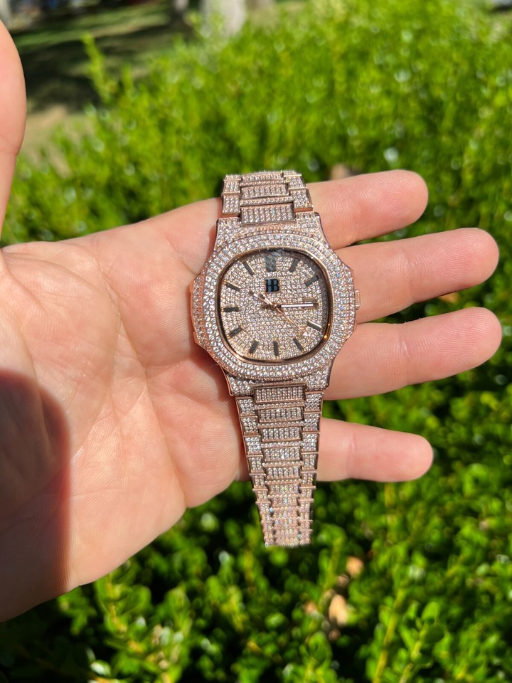 Real Mens Watch Fully Iced Rose Gold Stainless Steel Bust Down Out 41mm ...