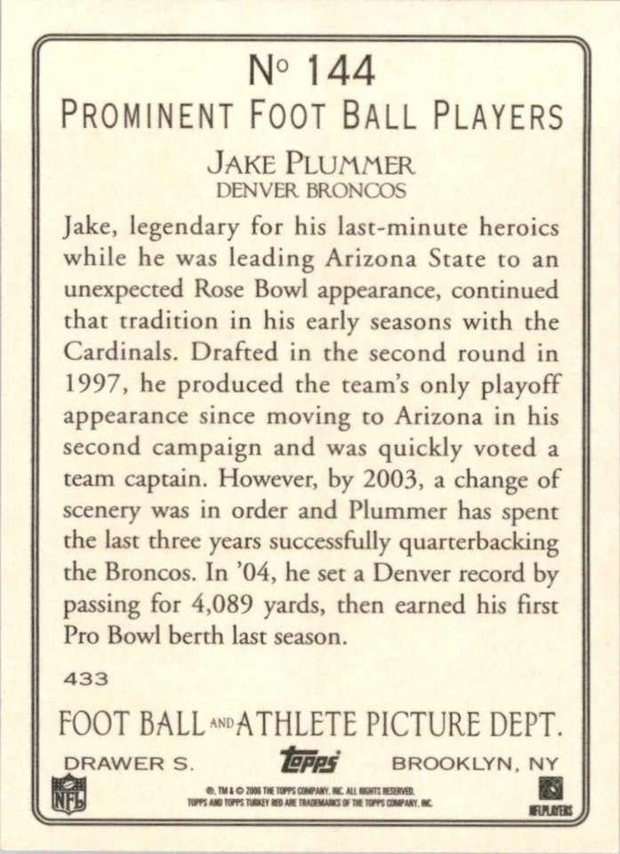 2006 Topps Turkey Red Jake Plummer Denver Broncos #144 Football Card | eBay