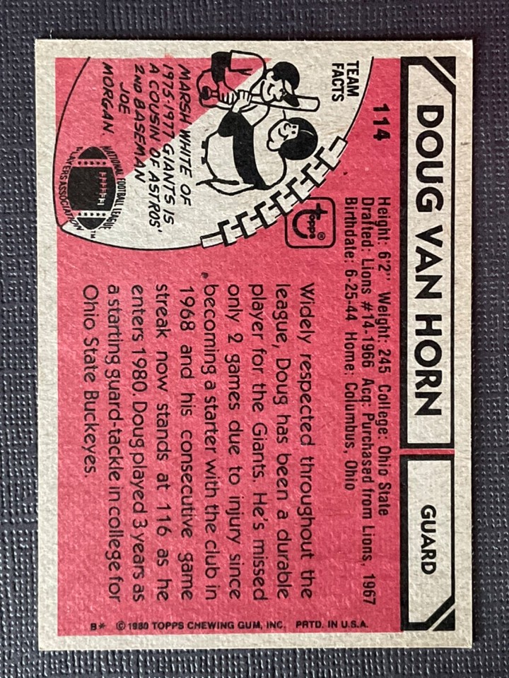 Doug Van Horn 1980 Topps Football Card #114 - New York Giants NM | eBay