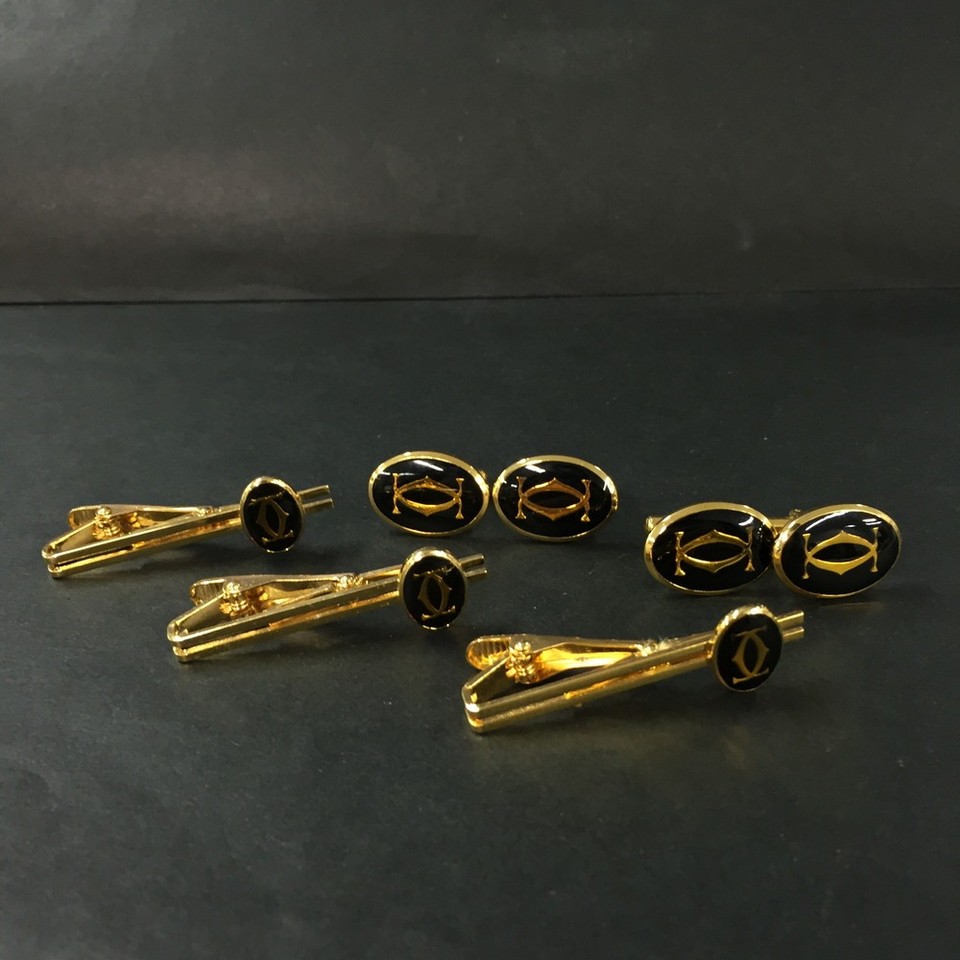 EGA Cartier 2C Logo Gold Tone Tie Pin Bar Cufflinks 5 Set/9CB1430 | eBay