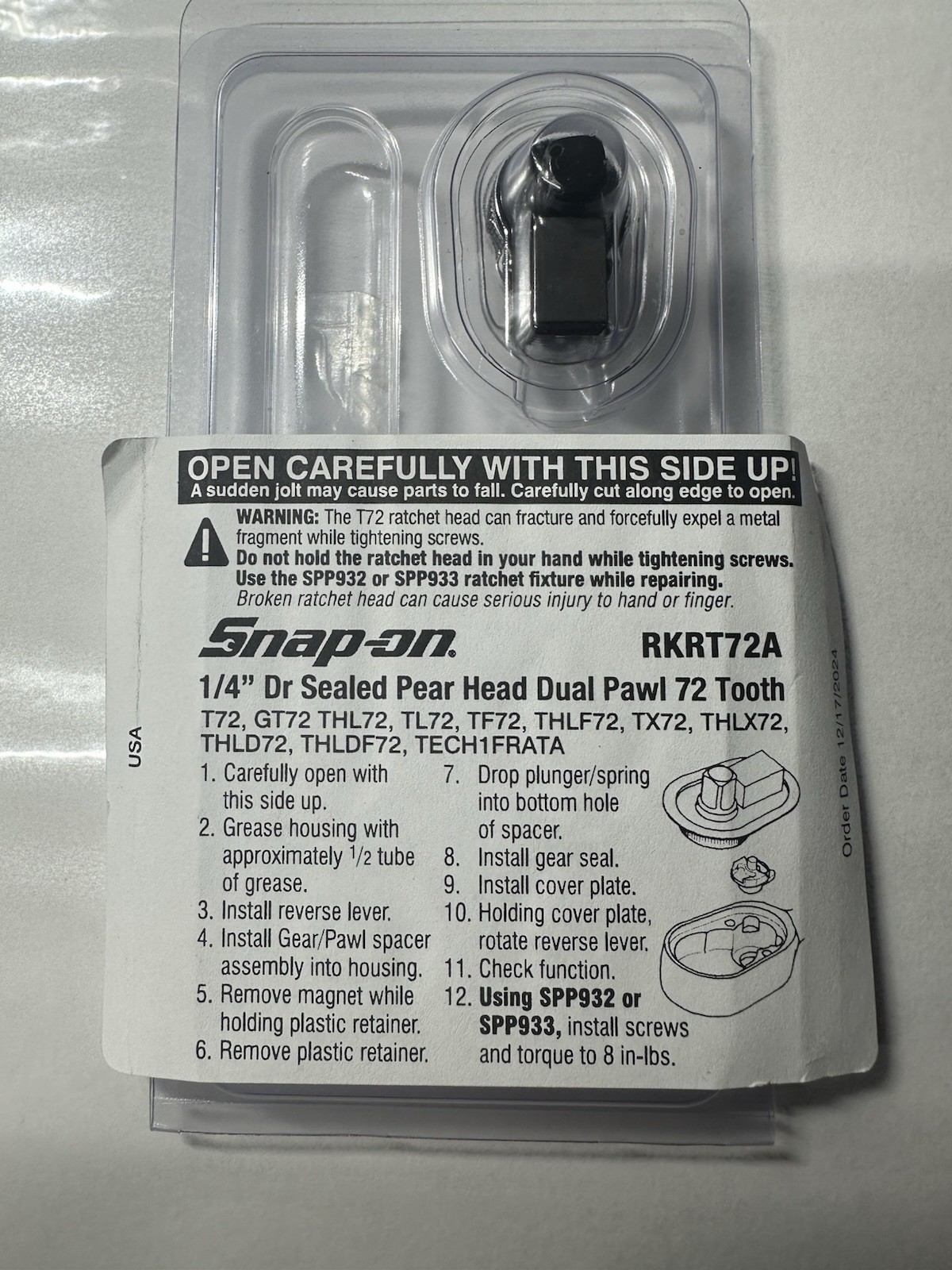 Snap-on Tools USA 1/4" Drive Dual Pawl 72-Tooth Ratchet Head Repair Kit ...