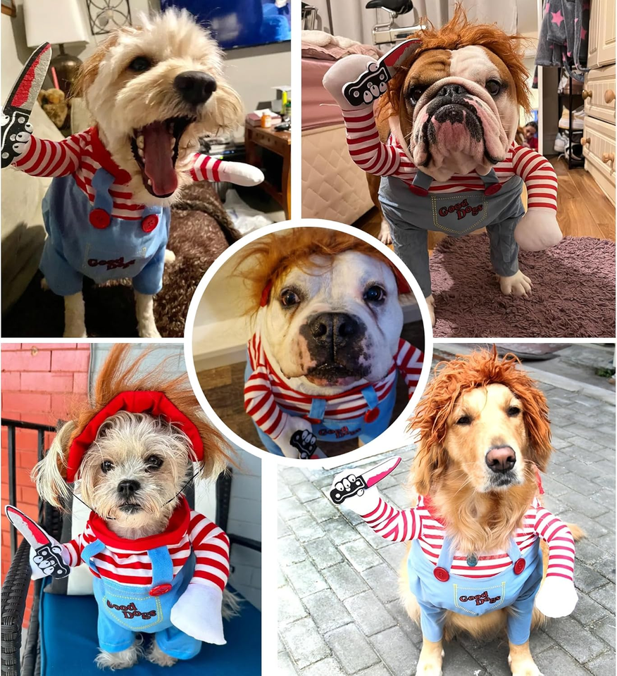 Halloween Chucky Dog Costume Outfit with Knife Wig Funny Dog Clothes ...