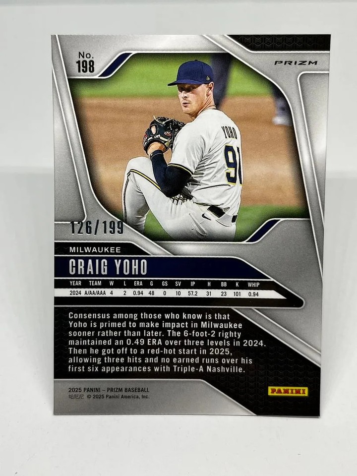 Craig Yoho 2025 Panini Prizm Pandora /199 Card #198 Milwaukee Brewers ...