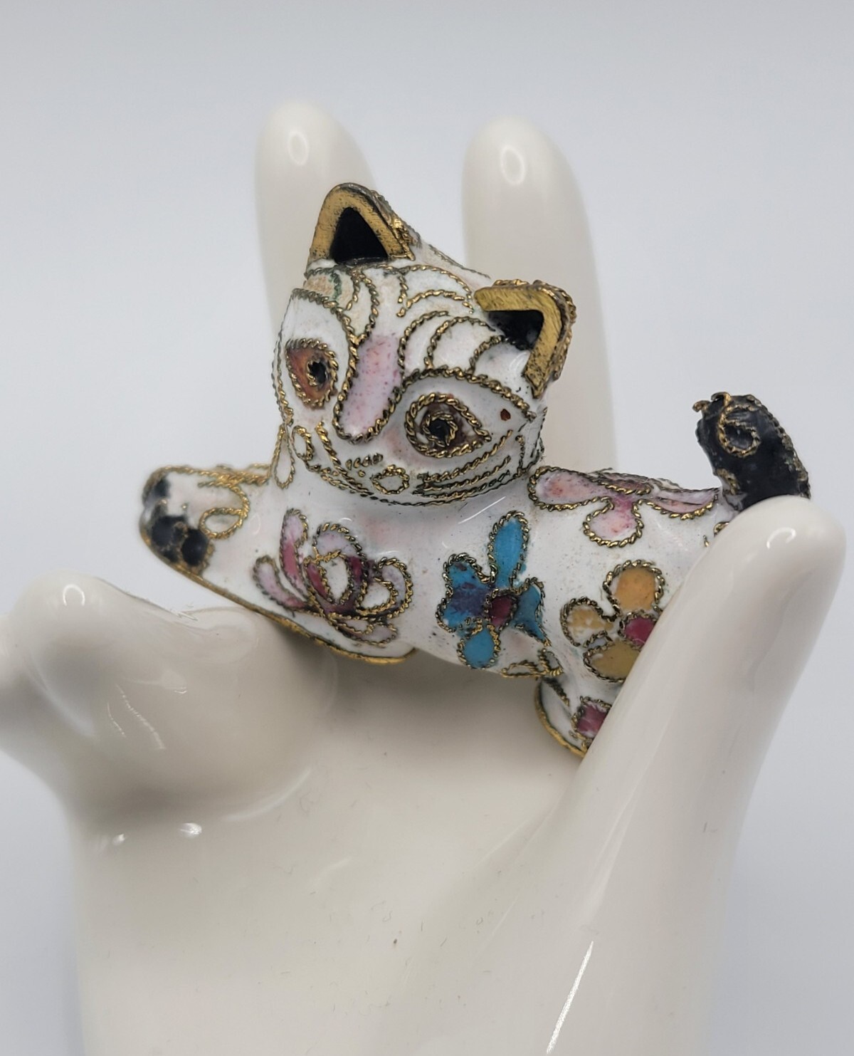 Miniature White Flower Power Cloisonné Metal Cat Figurine • Open Ears ...