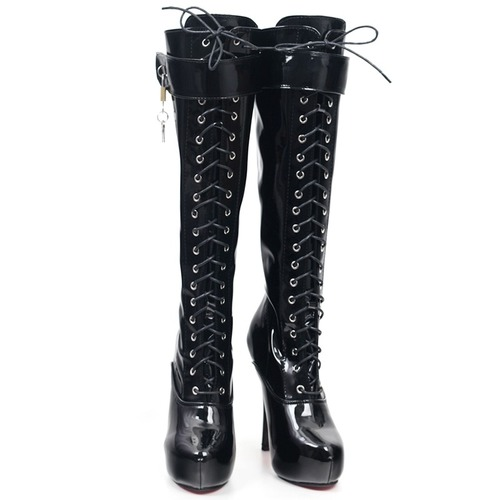 Platform 15cm High Heel Knee-High Patent Leather Lockable High Heels ...