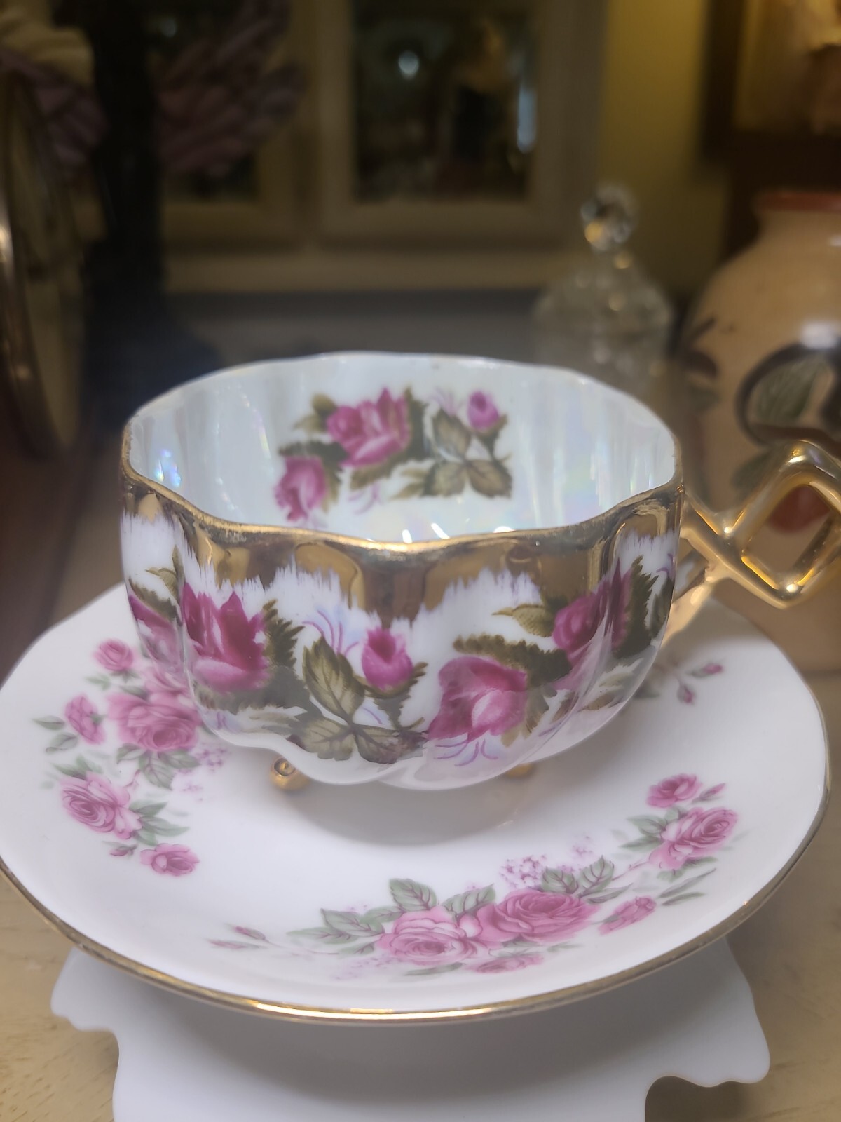 Vintage Iridescent Napco Ware Footed Tea Cup & Saucer Roses On Top Of ...