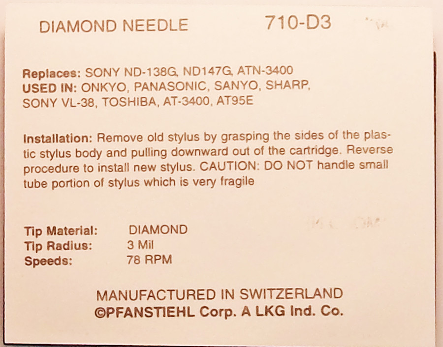 78 RPM PHONOGRAPH NEEDLE FOR Audio Technica AT95E AT3400 78 RPM Stylus ...