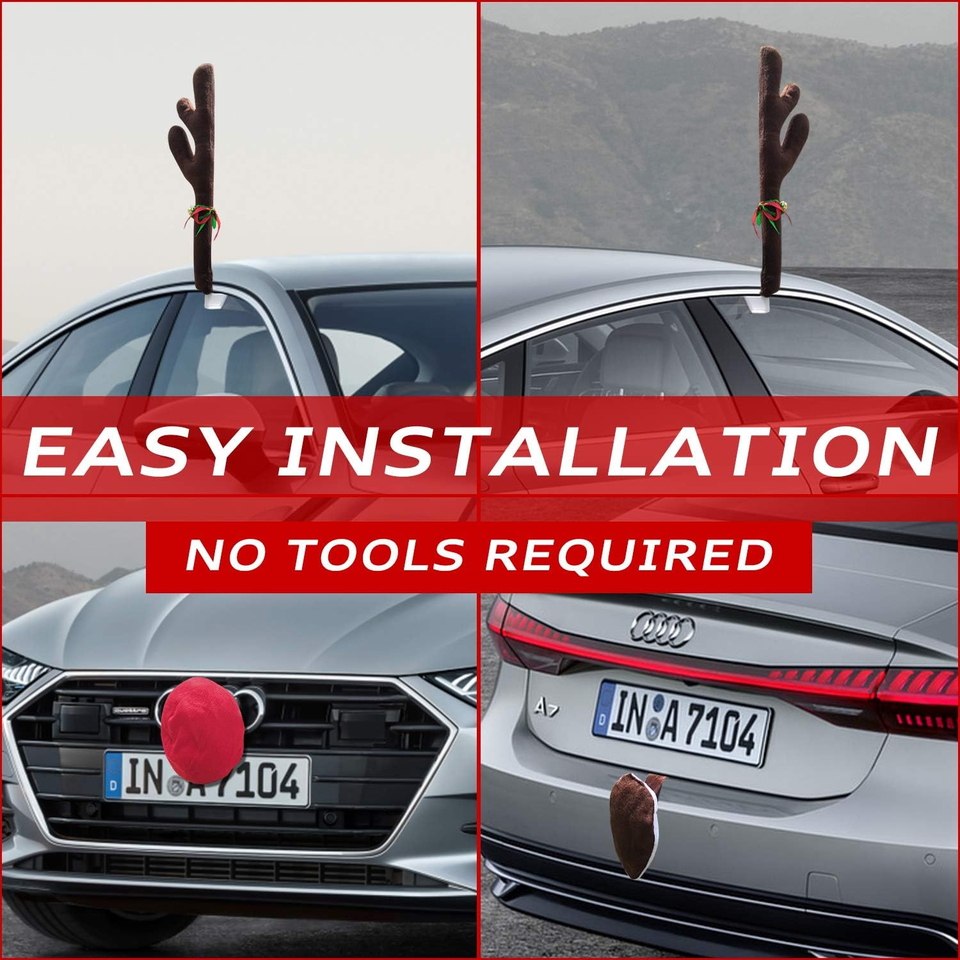 Premium Reindeer Car Kit Antlers, Nose, Tail- Rudolph Set Reindeer ...
