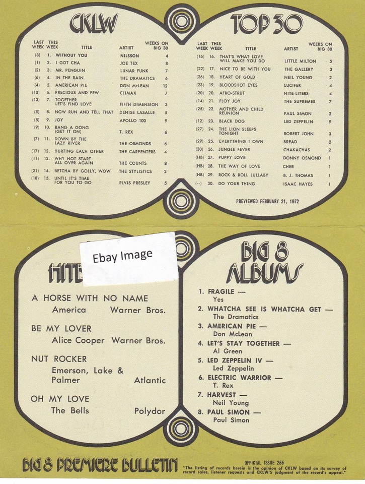 CKLW Detroit MI Top 40 Radio Music Survey 2-21-72 | eBay