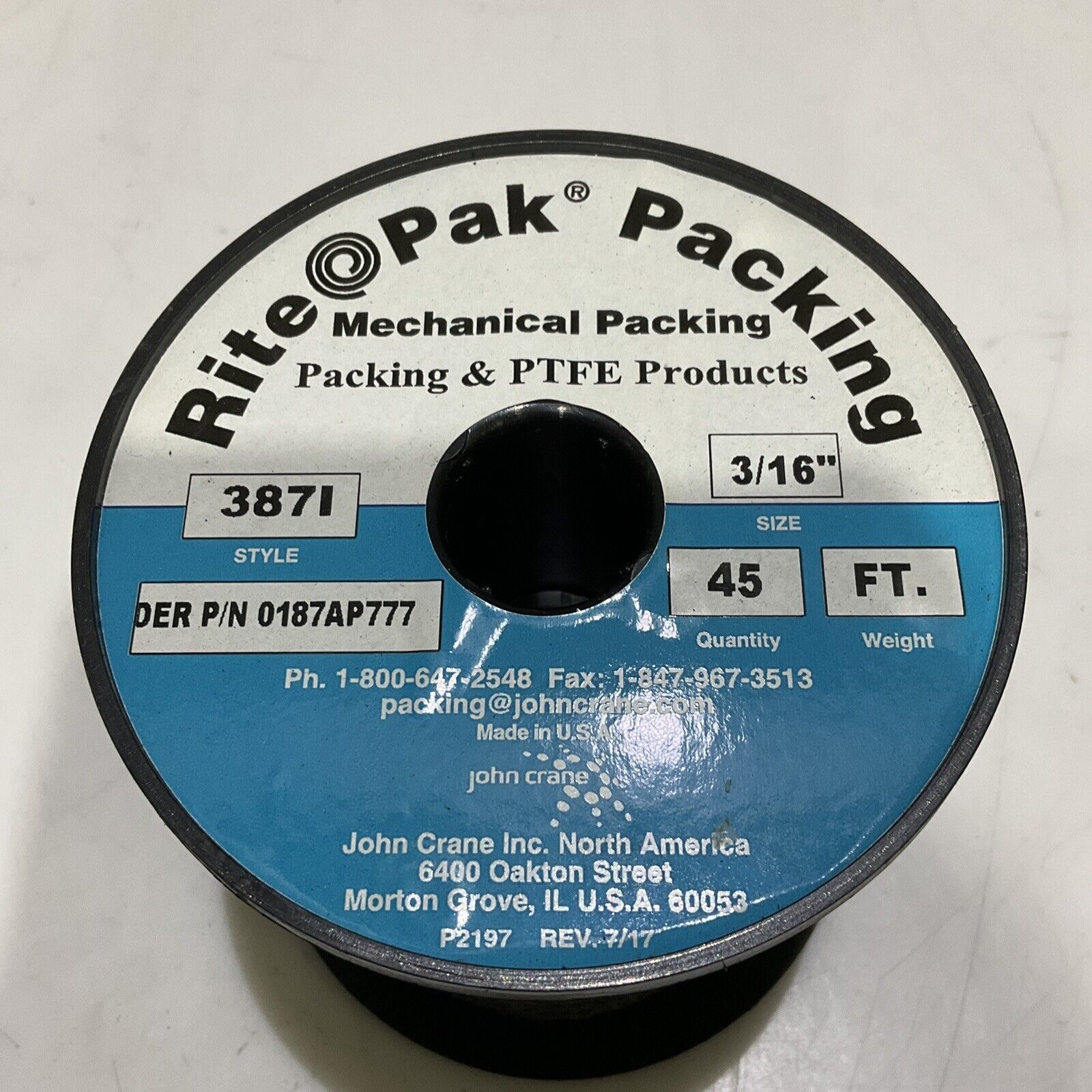 JOHN CRANE RITE PAK 387I 0187AP777 MECHANICAL PACKING 3/16 IN 45 FT 678 ...