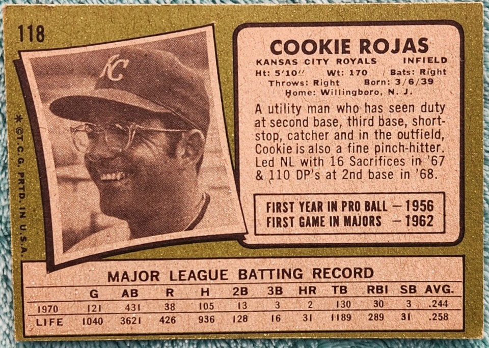Cookie Rojas Kansas City Royals 1971 Topps Baseball Card #118 Ex | eBay