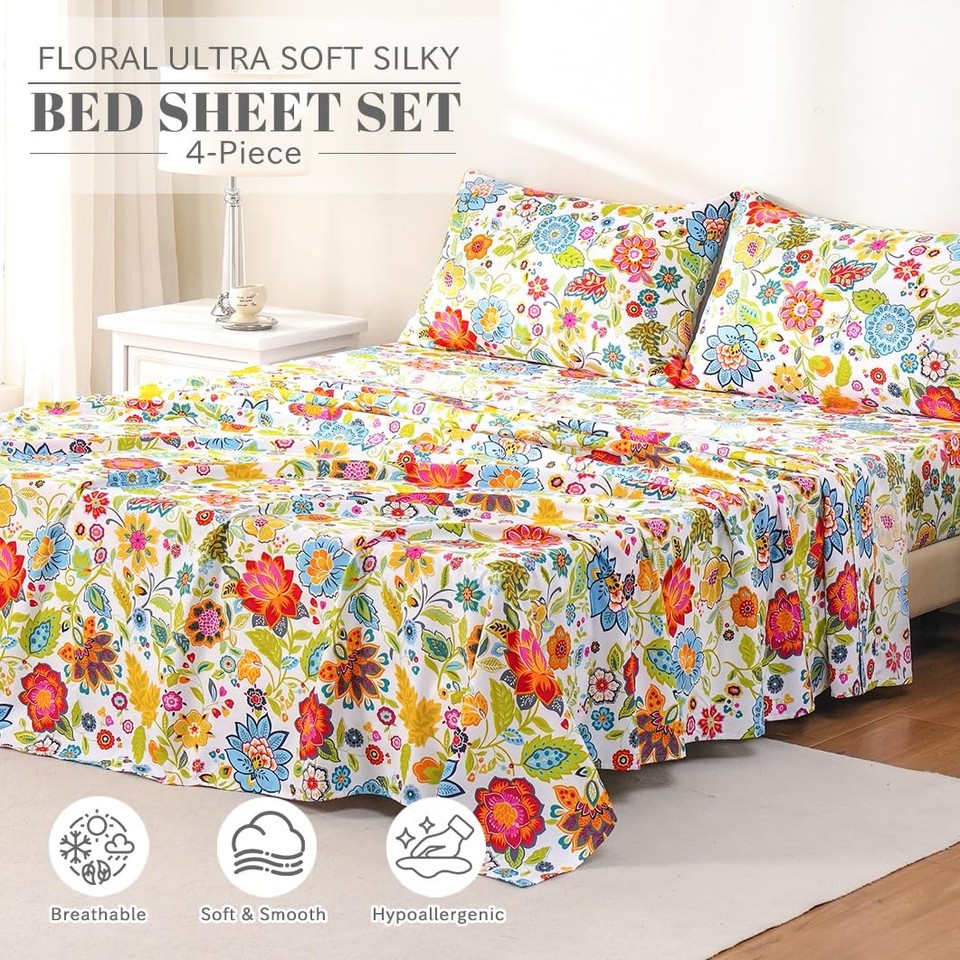 Queen Sheet Set Ultra Soft Breathable Silky Flower Bed Sheets Deep ...