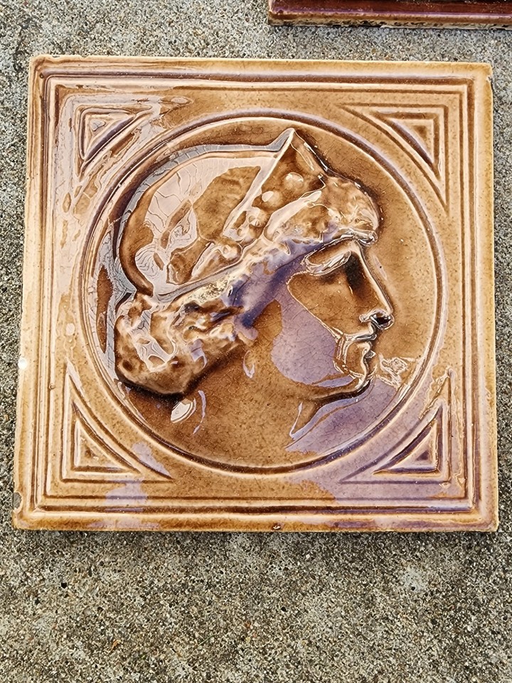 3 Antique J & JG Low Brown Art Tile Women Brown Glaze Late 19th Century ...