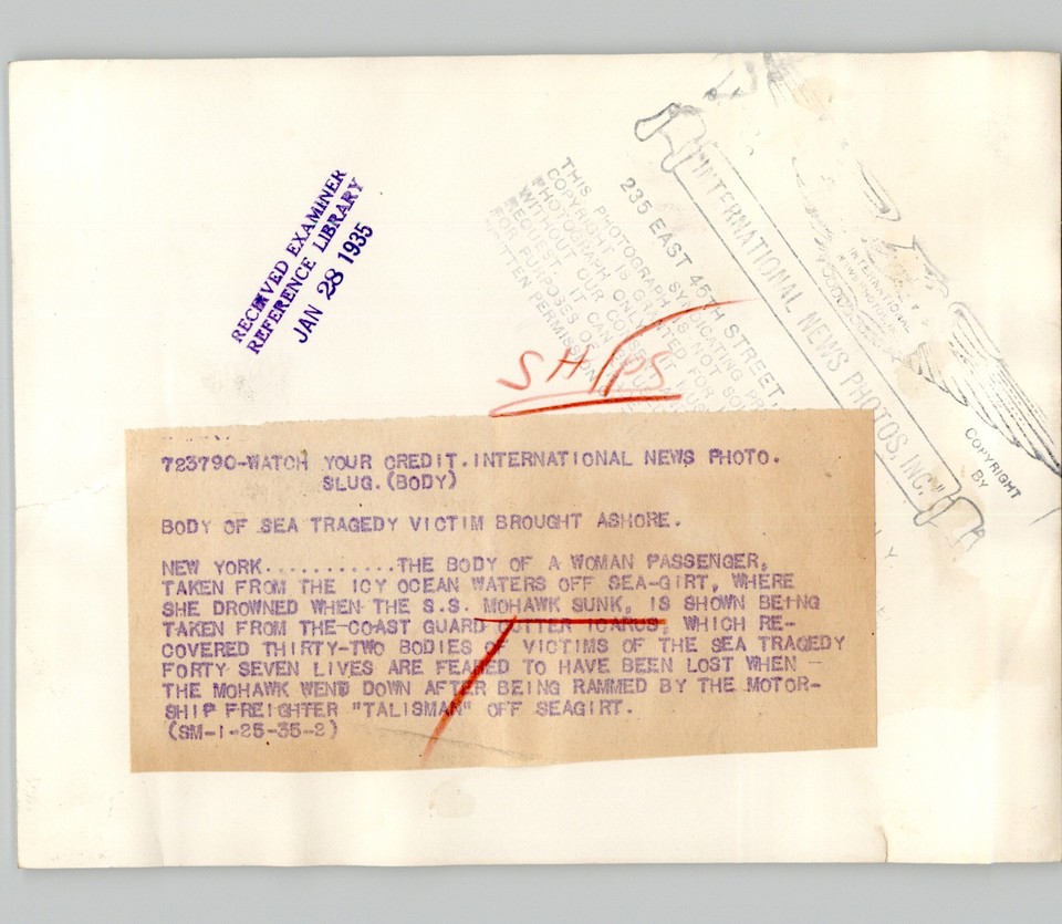 Coast Guard w/ Body of Passenger SUNK SHIP Mohawk VINTAGE 1935 Press ...