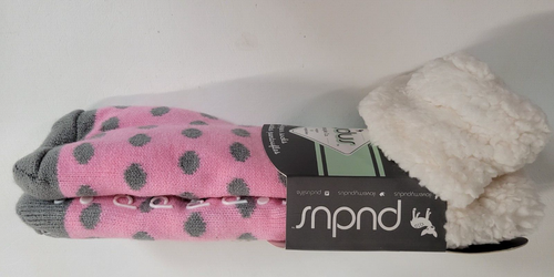 Pudus Slipper Socks Non Slip Gipper Soles Plush Lining Pink & Grey Cozy ...