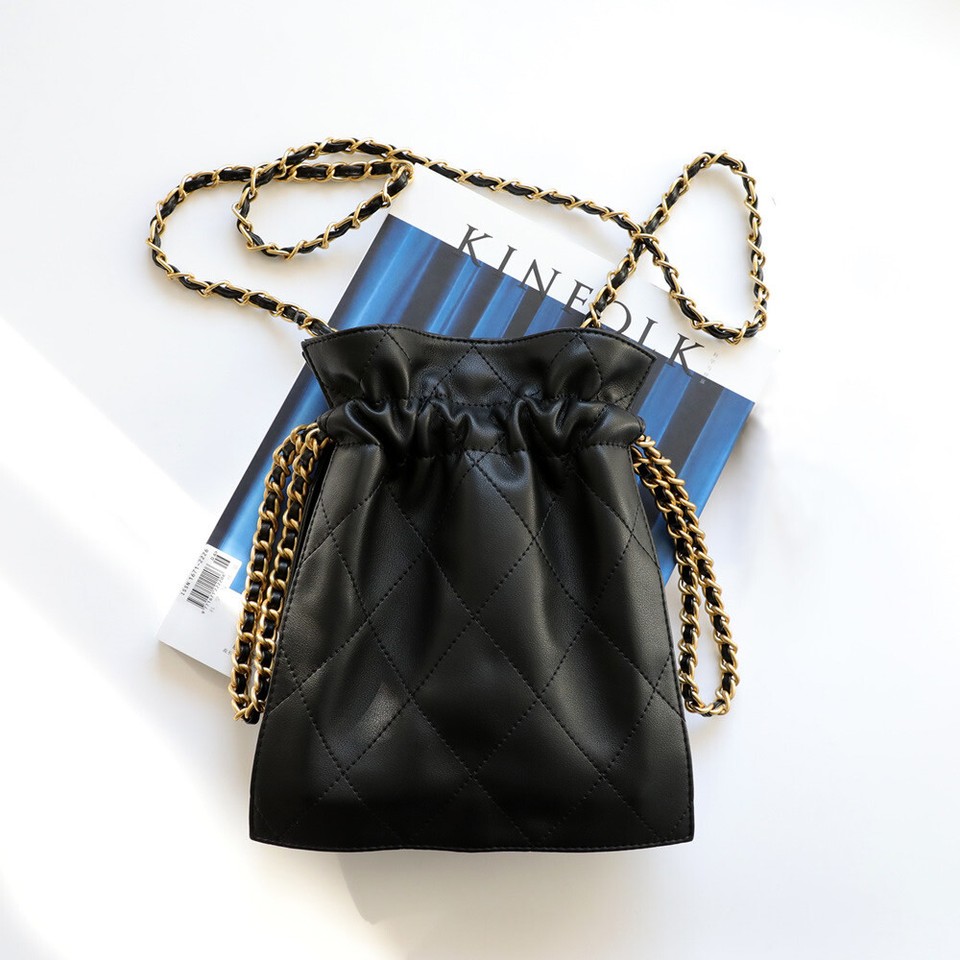 Quilted Real Leather Gold Chain Drawstring Bucket Bag Shoulder Purse ...