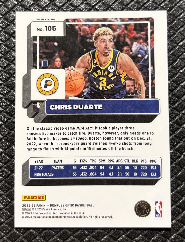 CHRIS DUARTE 2022-23 Donruss Optic #105 Black Gold Prizm /8 Indiana ...